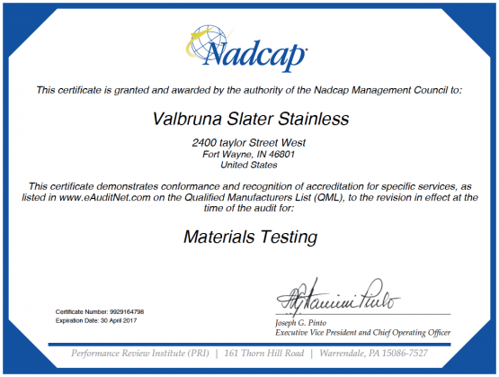 MTL NADCAP AEROSPACE STANDARD – Valbruna México